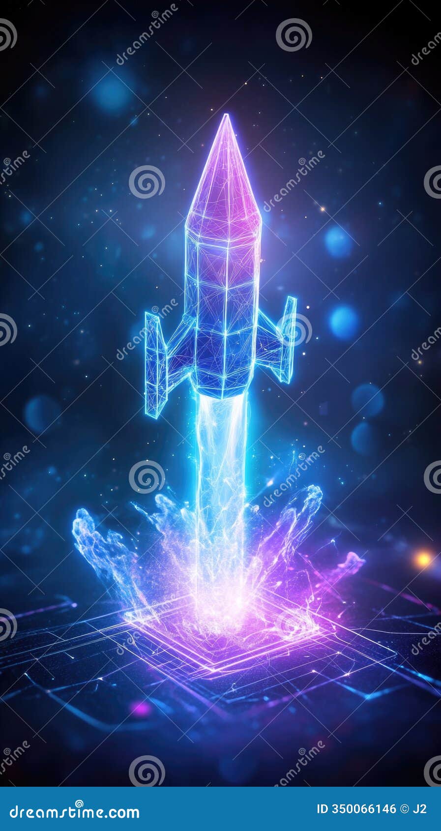 Futuristic Neon Rocket Launching with Digital Effects in Night Sky ...