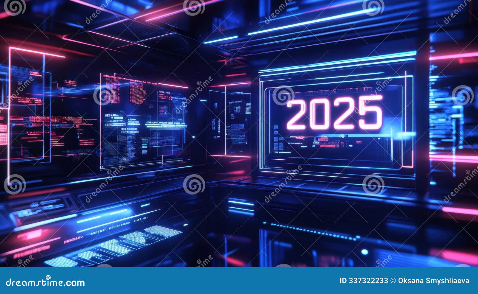 Futuristic 2025 Neon Sign in Cyberpunk Corridor Stock Image - Image of ...