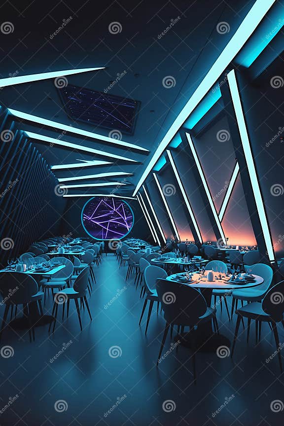 Futuristic Neon Space Cafe Design at Night Stock Illustration ...