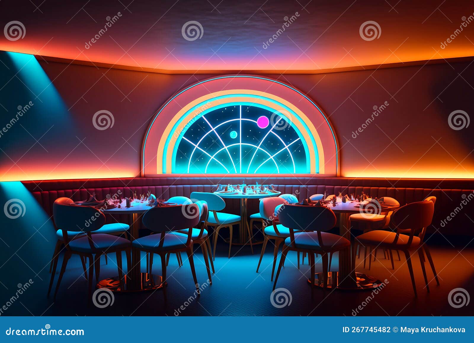 Futuristic Neon Space Cafe Design at Night Stock Illustration ...