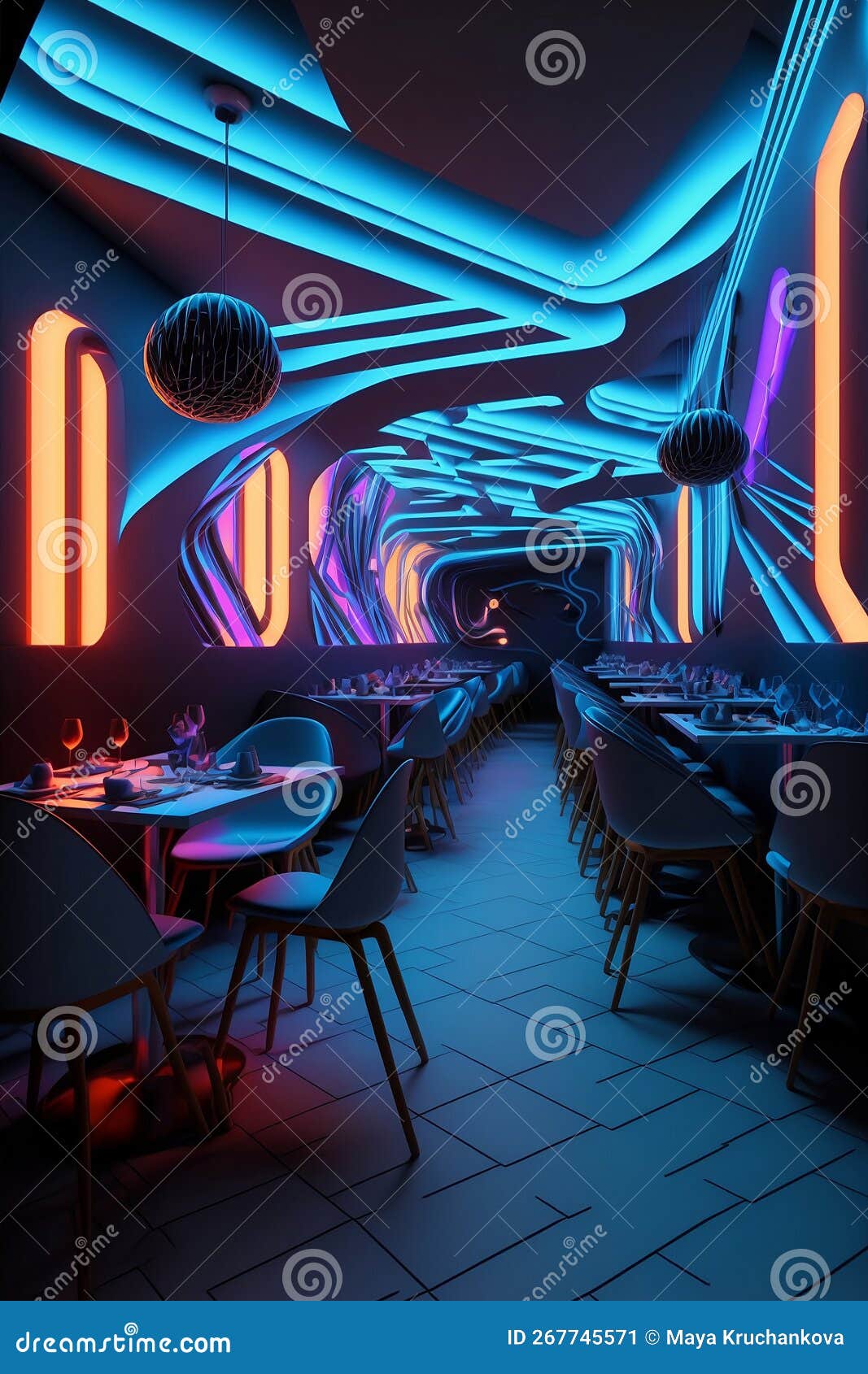Futuristic Neon Space Cafe Design at Night Stock Illustration ...
