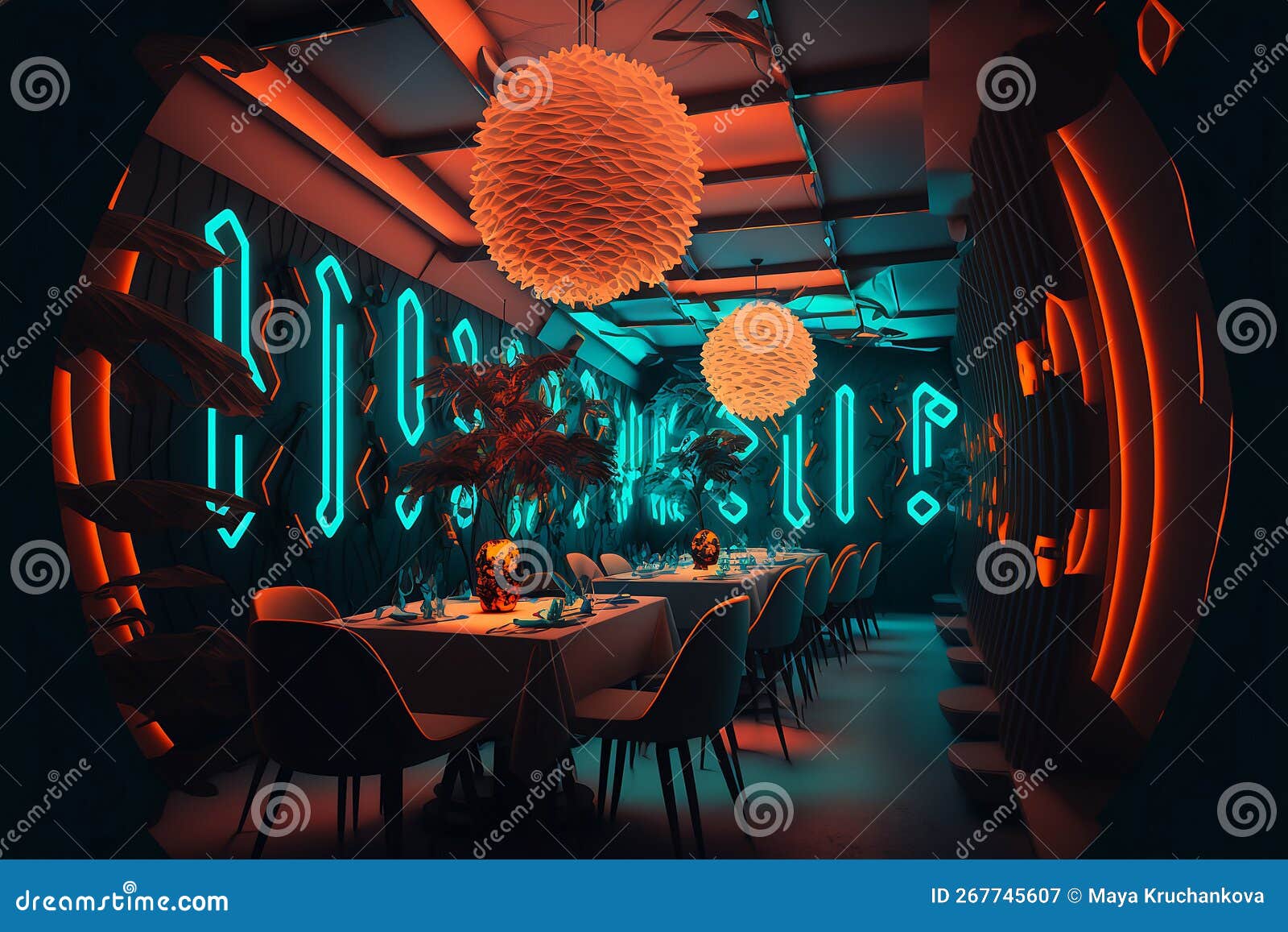 Futuristic Neon Space Cafe Design at Night Stock Illustration ...