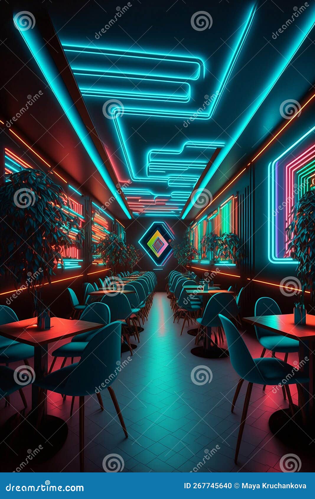 Futuristic Neon Space Cafe Design at Night Stock Illustration ...