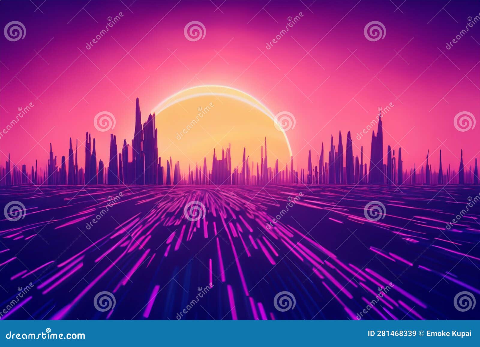 Futuristic Neon Sunset stock illustration. Illustration of pink - 281468339