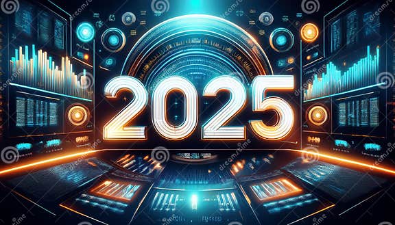 2025: Futuristic Neon Year Display with Data Visualizations Stock ...