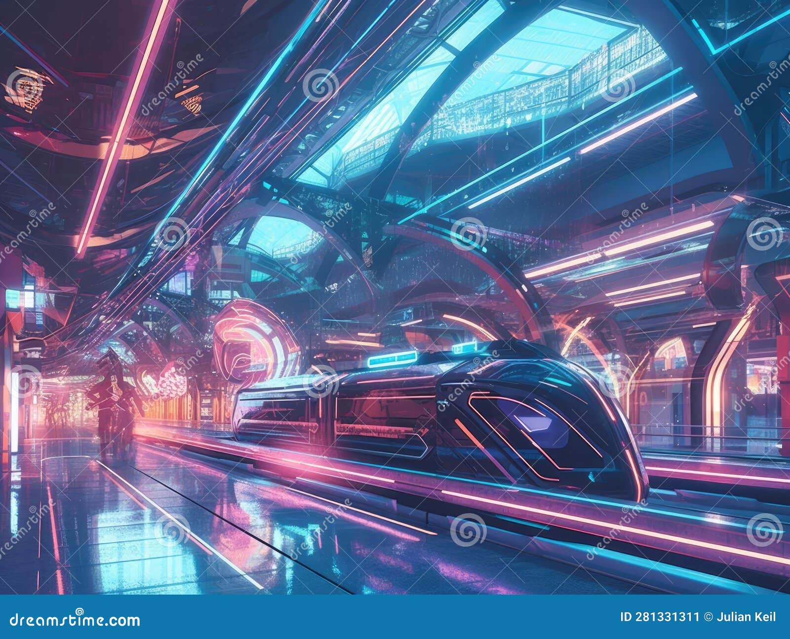 Futuristic Neonlit Train Station with Hovering Trains Stock ...