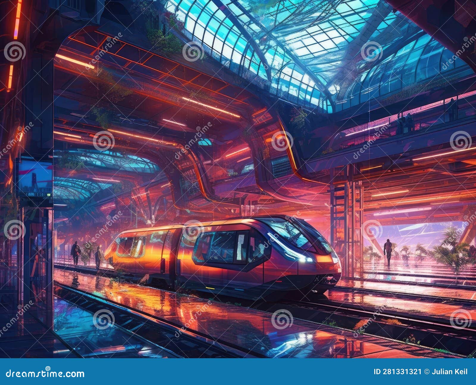 Futuristic Neonlit Train Station with Hovering Trains Stock ...