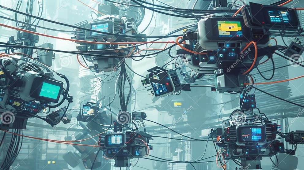 Futuristic Network Hub with Advanced Computers and Cables Stock Image ...