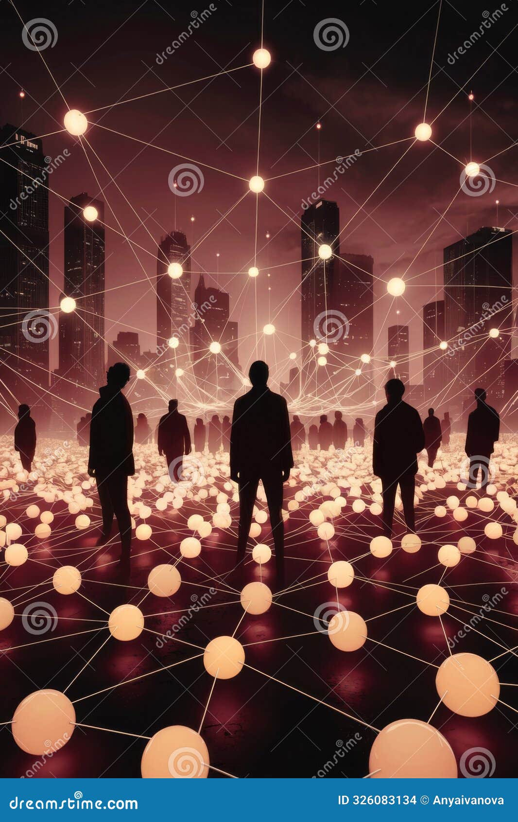 Futuristic Network of Silhouetted People Connected by Glowing Nodes in ...