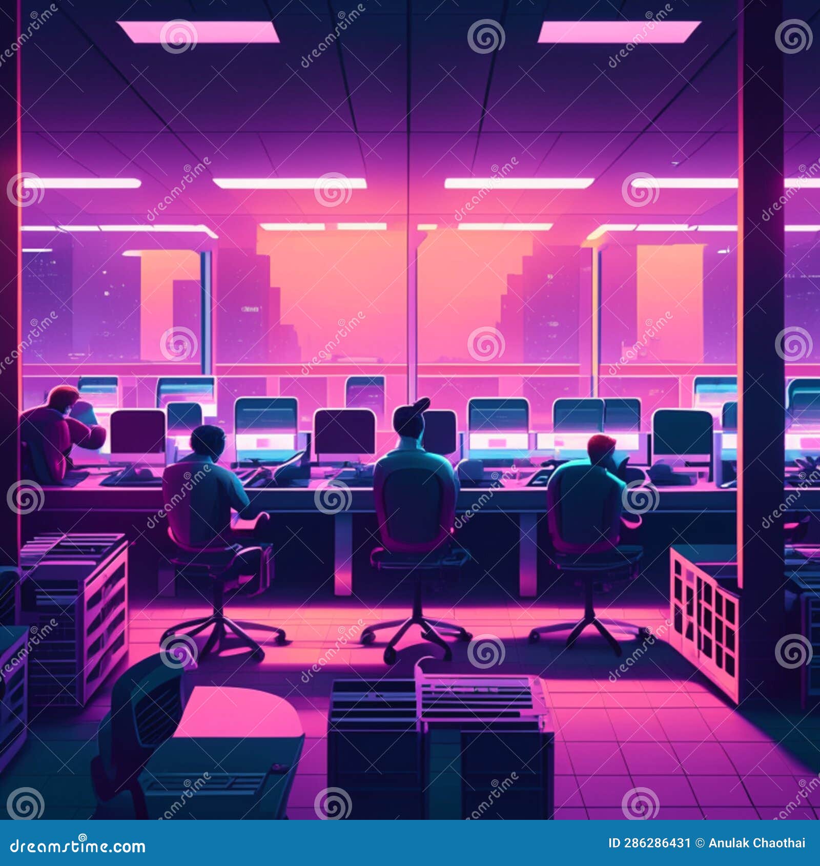Futuristic Night Office Interior with Computers and People. 3D ...