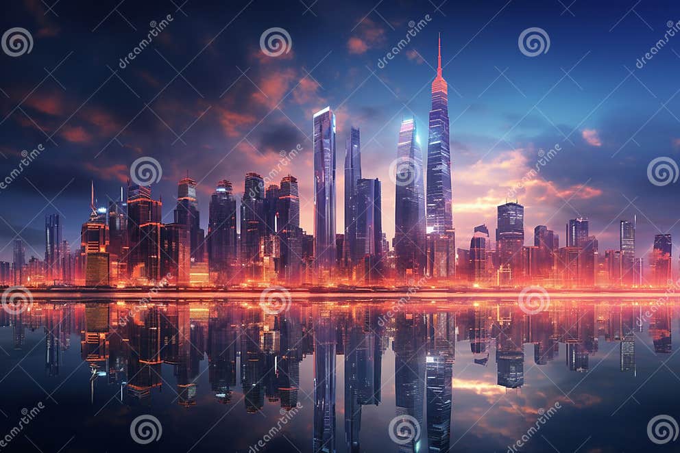 Futuristic Nighttime: City Skyline in the Future Stock Illustration ...