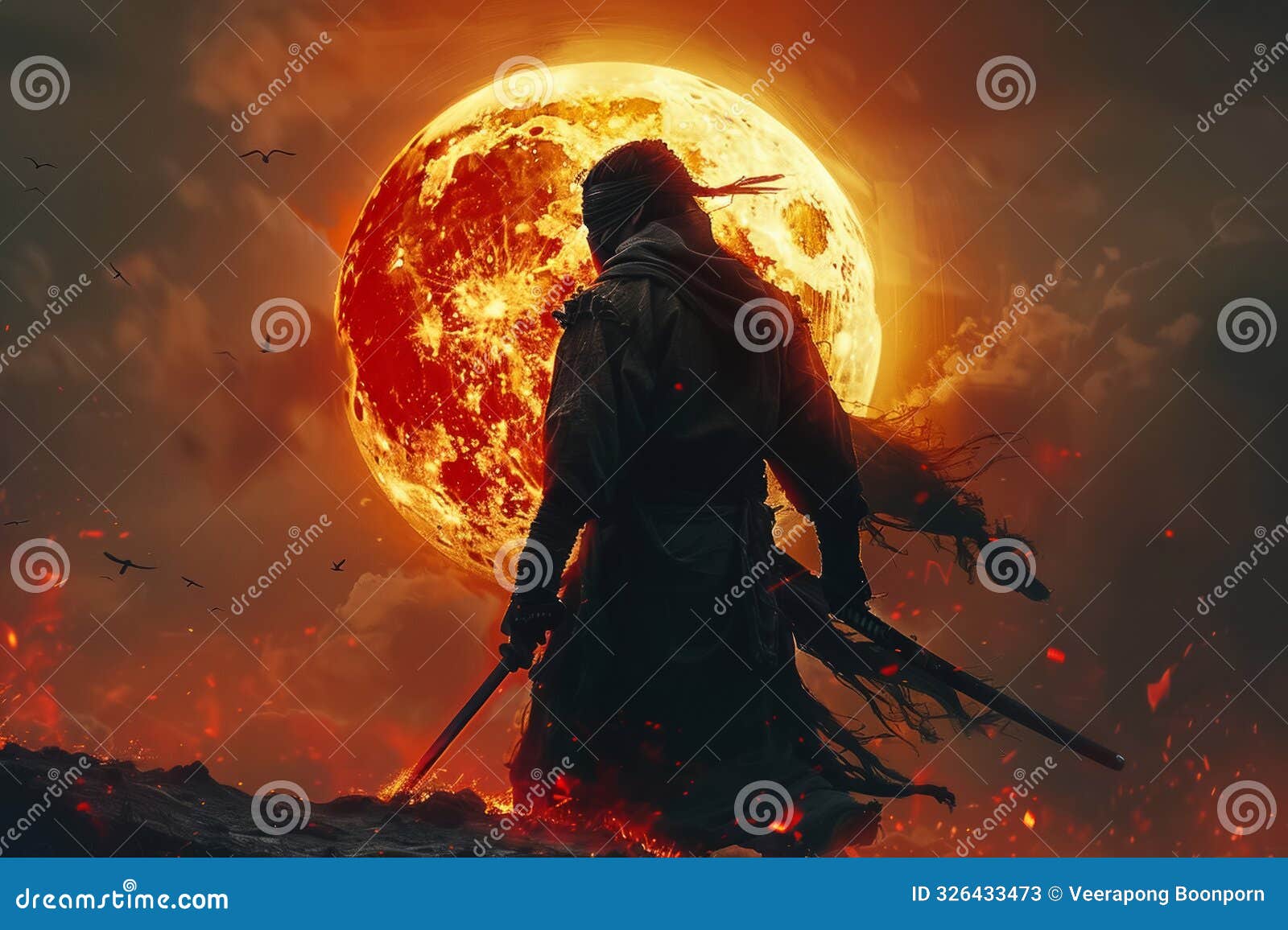Futuristic Ninja Silhouette Against a Full Moon Blending Traditional ...