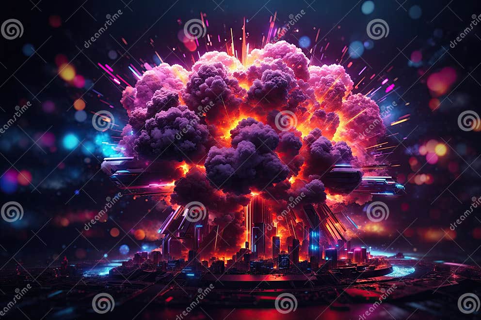 Futuristic Nuclear Explosion Future War Neon Concept. Ai Generative ...