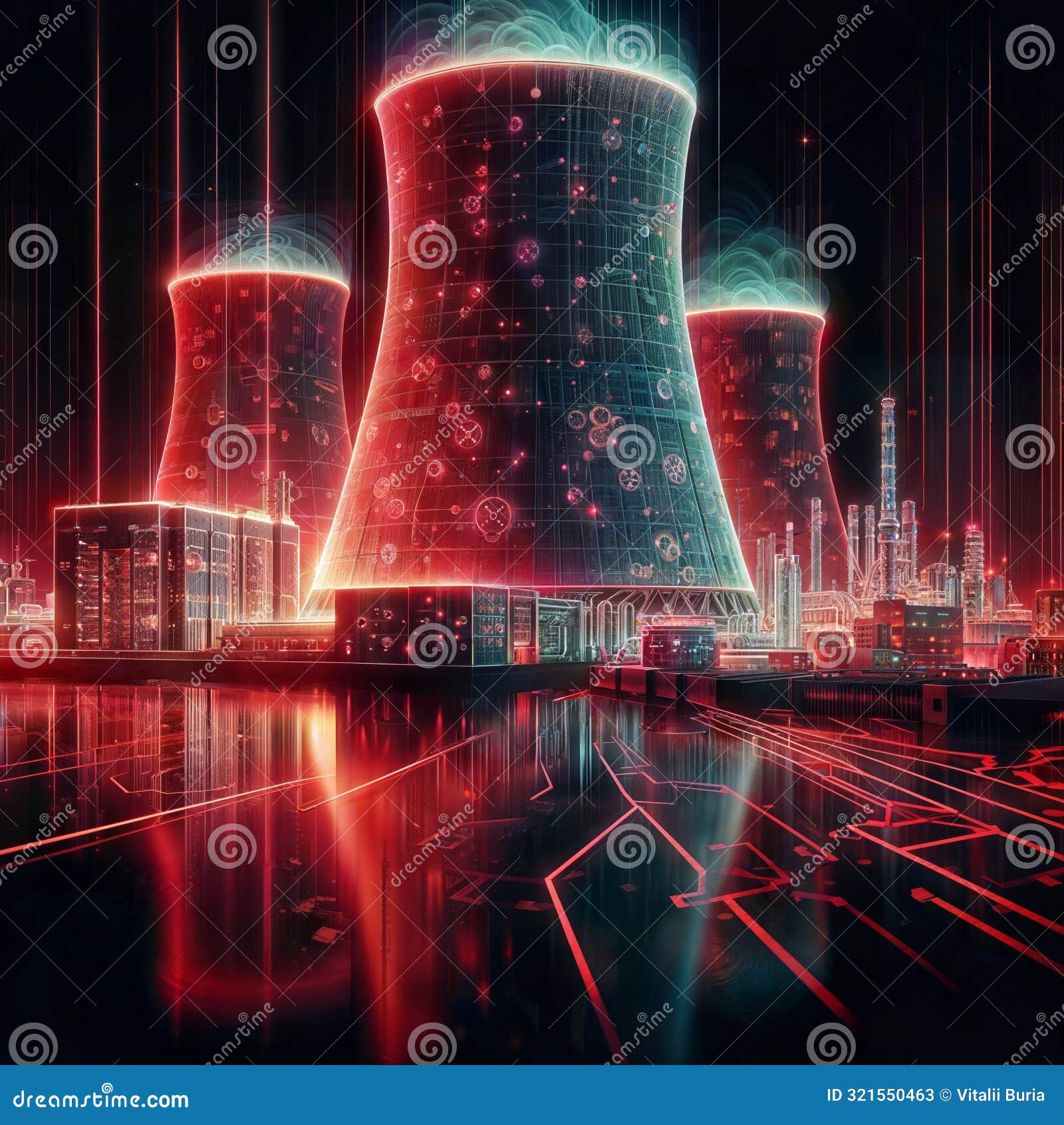 Neon-Lit Futuristic Nuclear Plant at Night Reflecting on Calm Waters ...