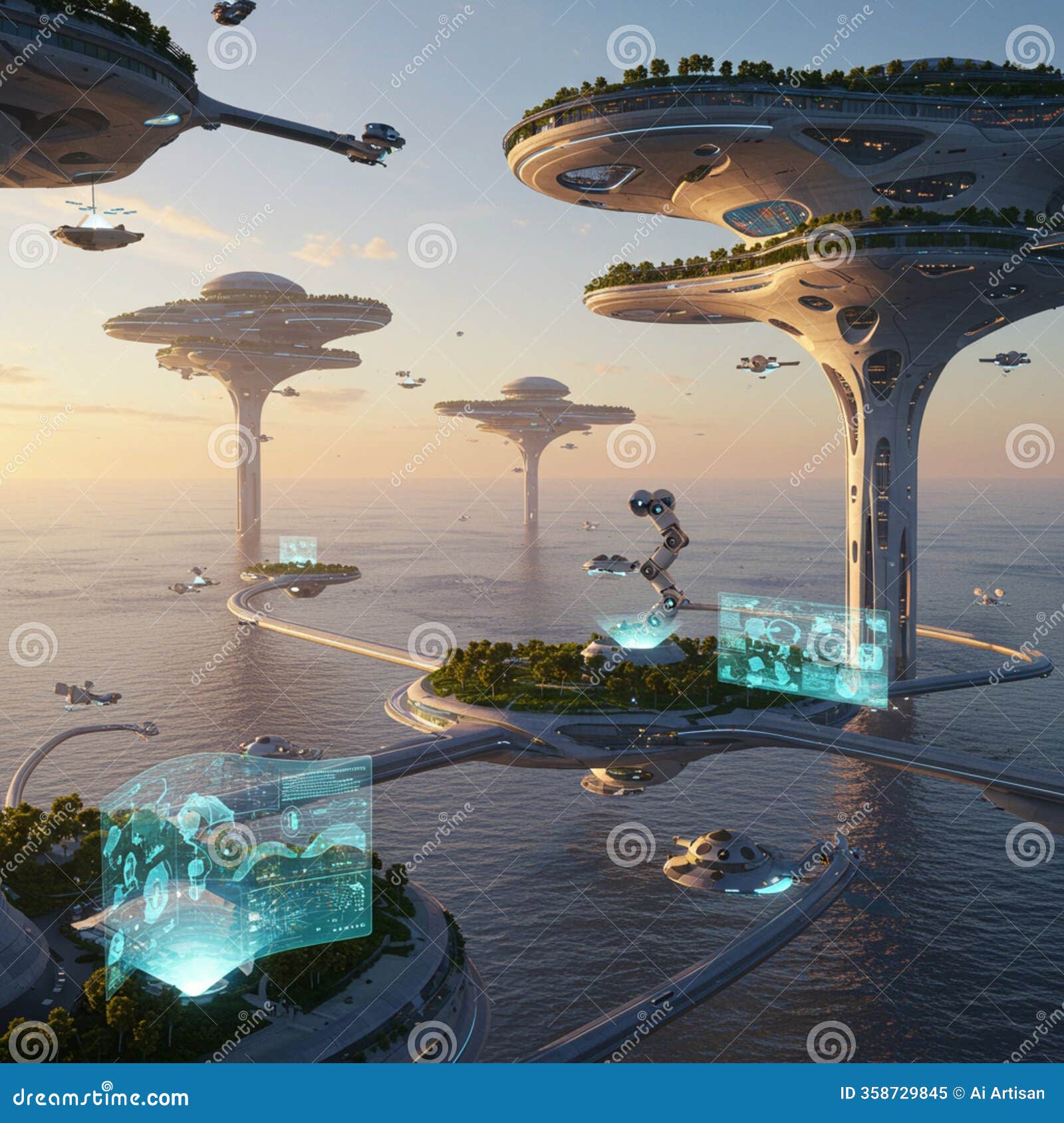 Futuristic Ocean Cityscape with Elevated, Circular Platforms Featuring ...