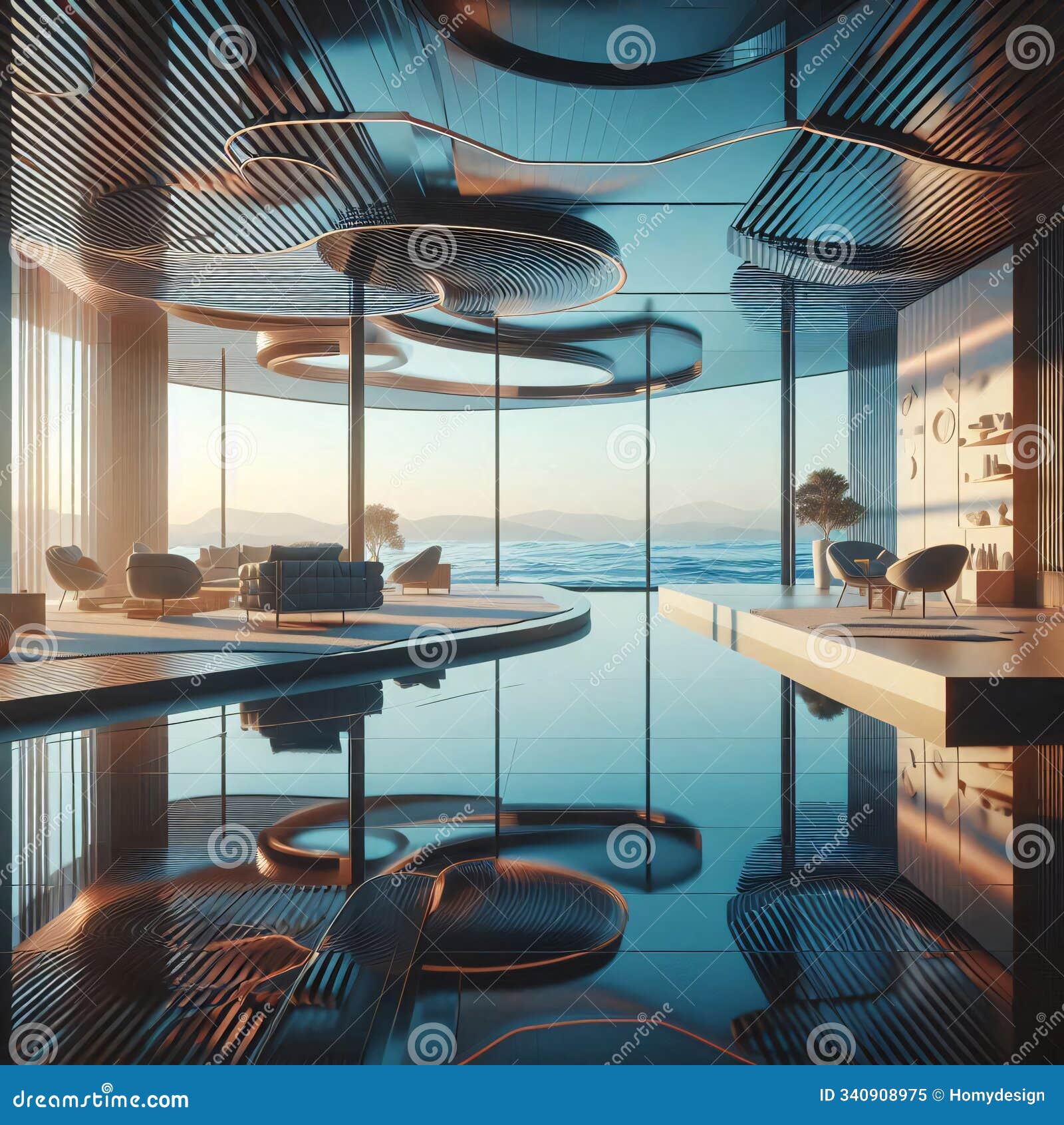 A Futuristic, Oceanfront Lounge With Curved Ceilings, Floor-to-ceiling Windows, And A Reflective ...