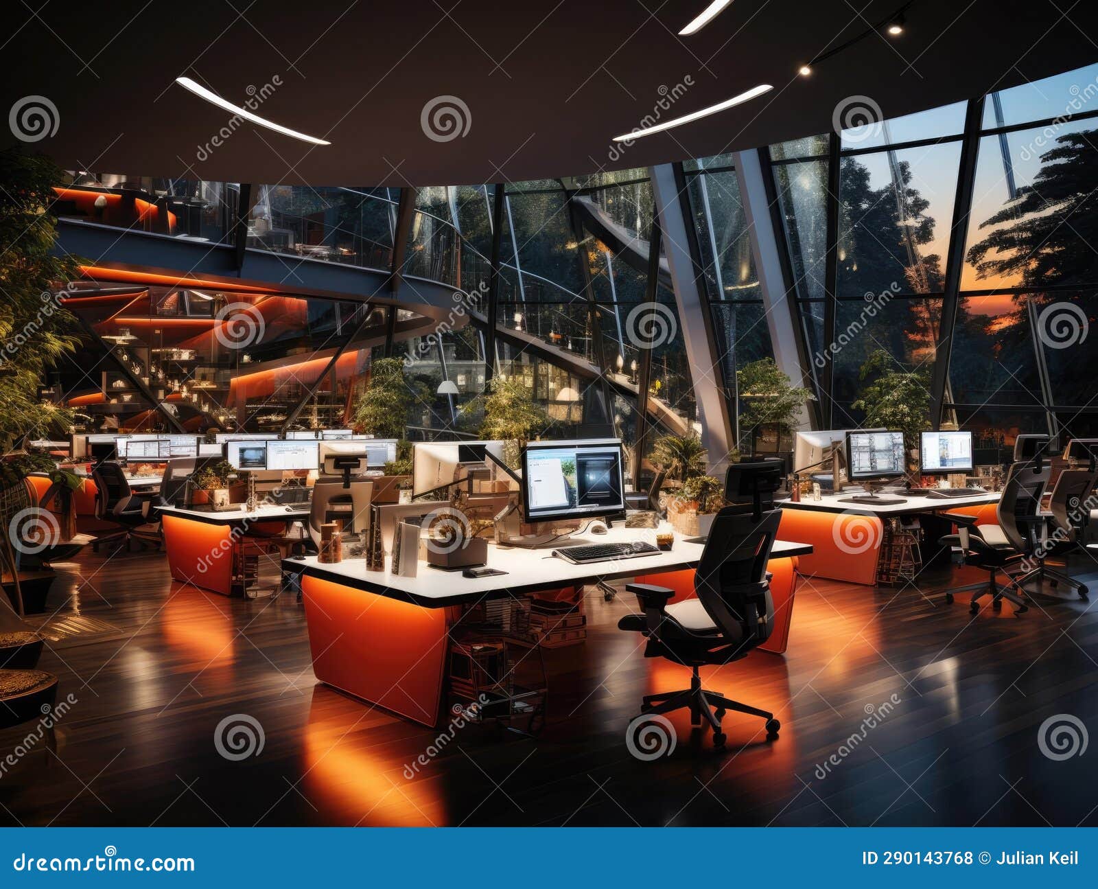 Futuristic Office with Adjustable Lights and VR Workstations Stock ...