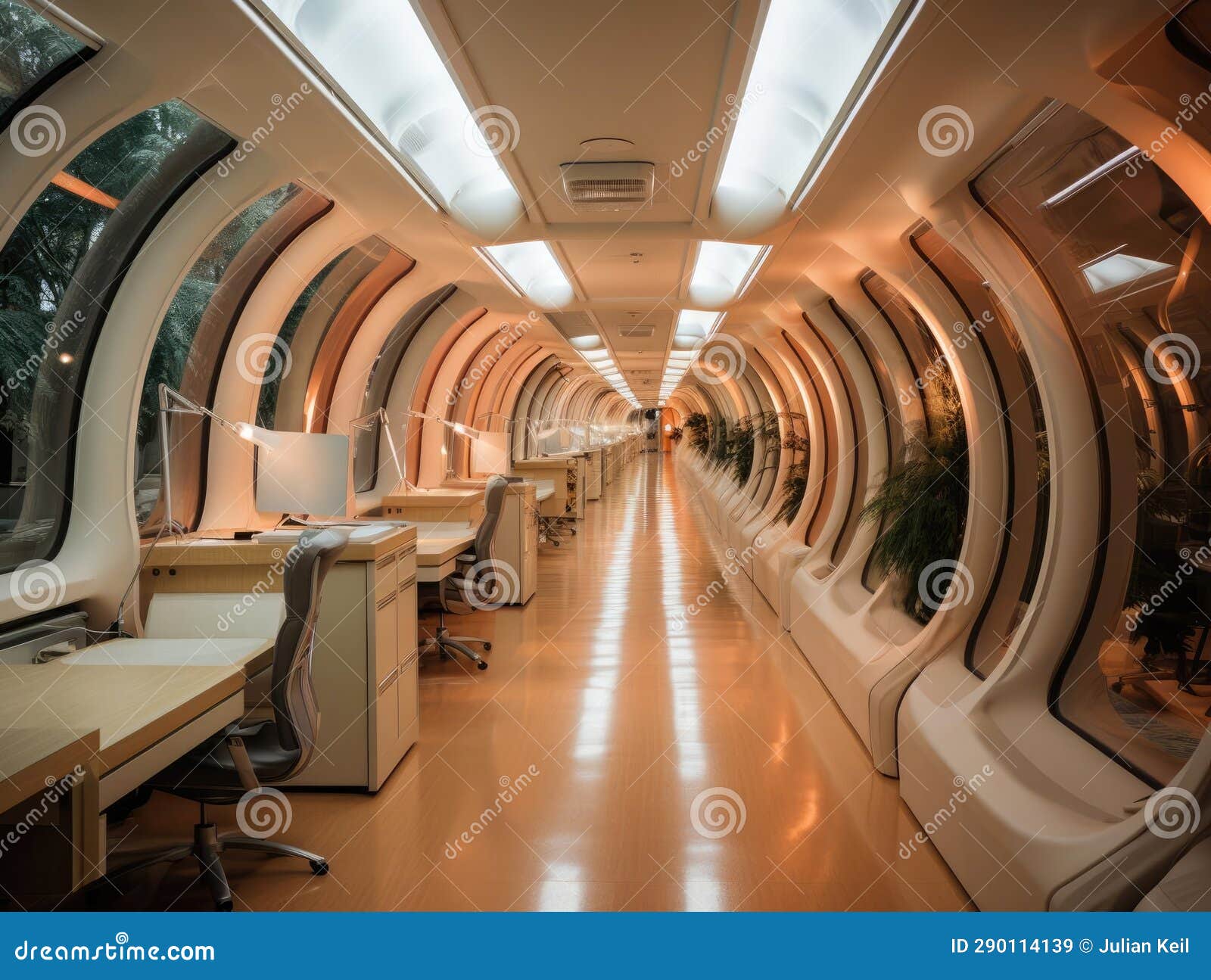 Tech Cocoon Workspaces in Futuristic Office Corridor Stock Illustration ...