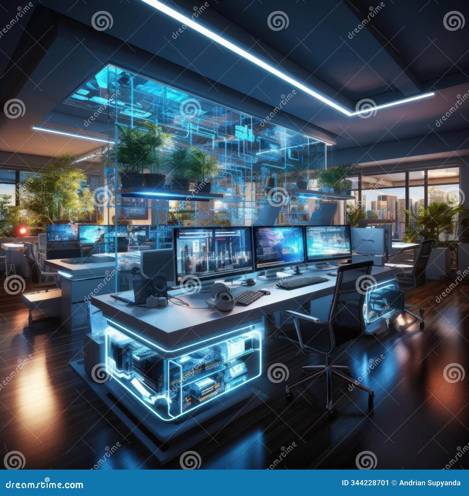 Futuristic Office Design with Transparent Walls and Glowing Desk Stock ...