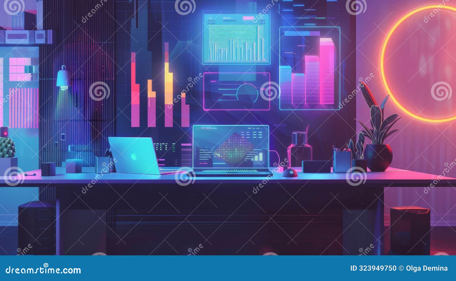 Futuristic Office with Digital Financial Dashboards Panoramic City ...