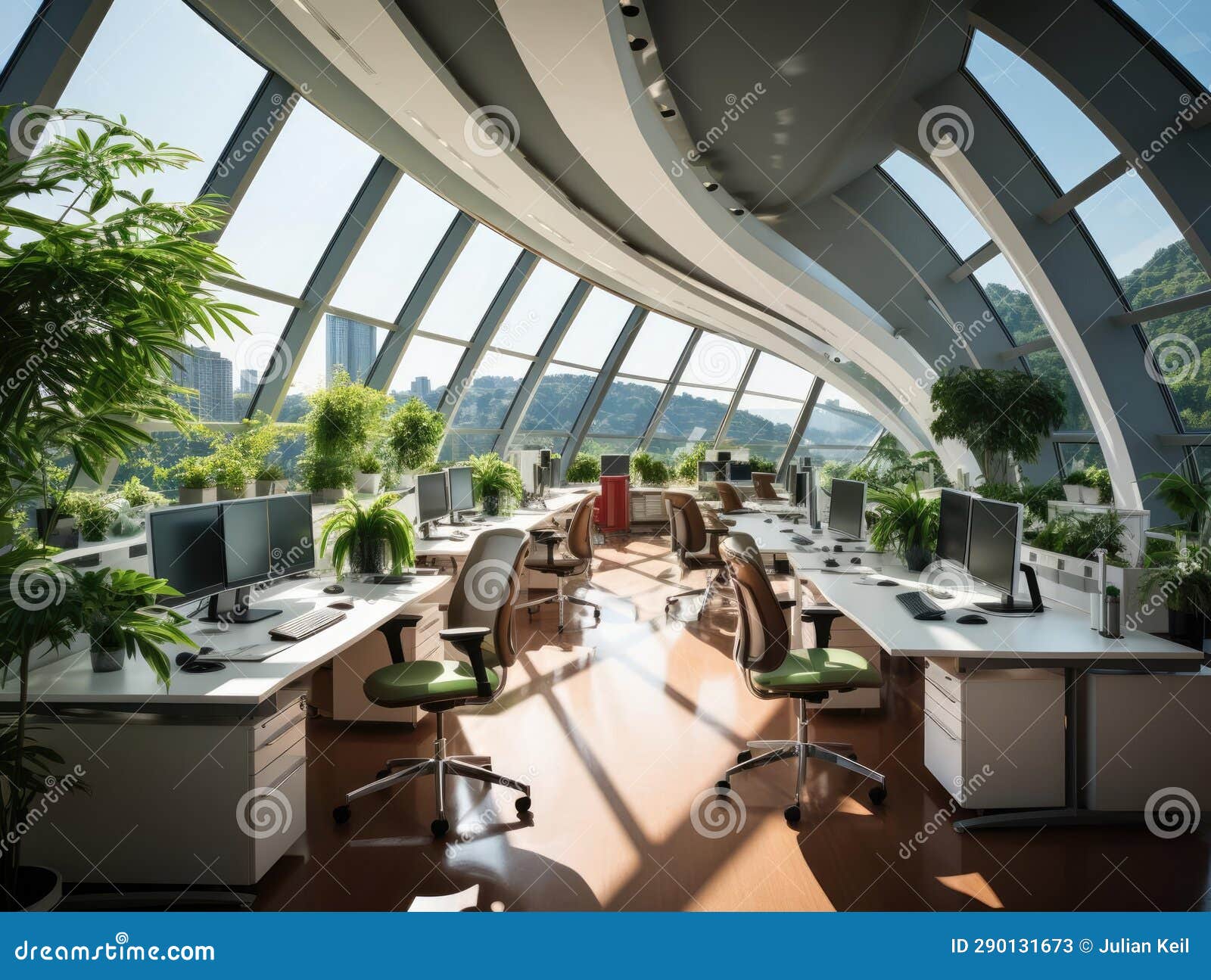 Futuristic Office with Greenery and Automated Climate Controls Stock ...