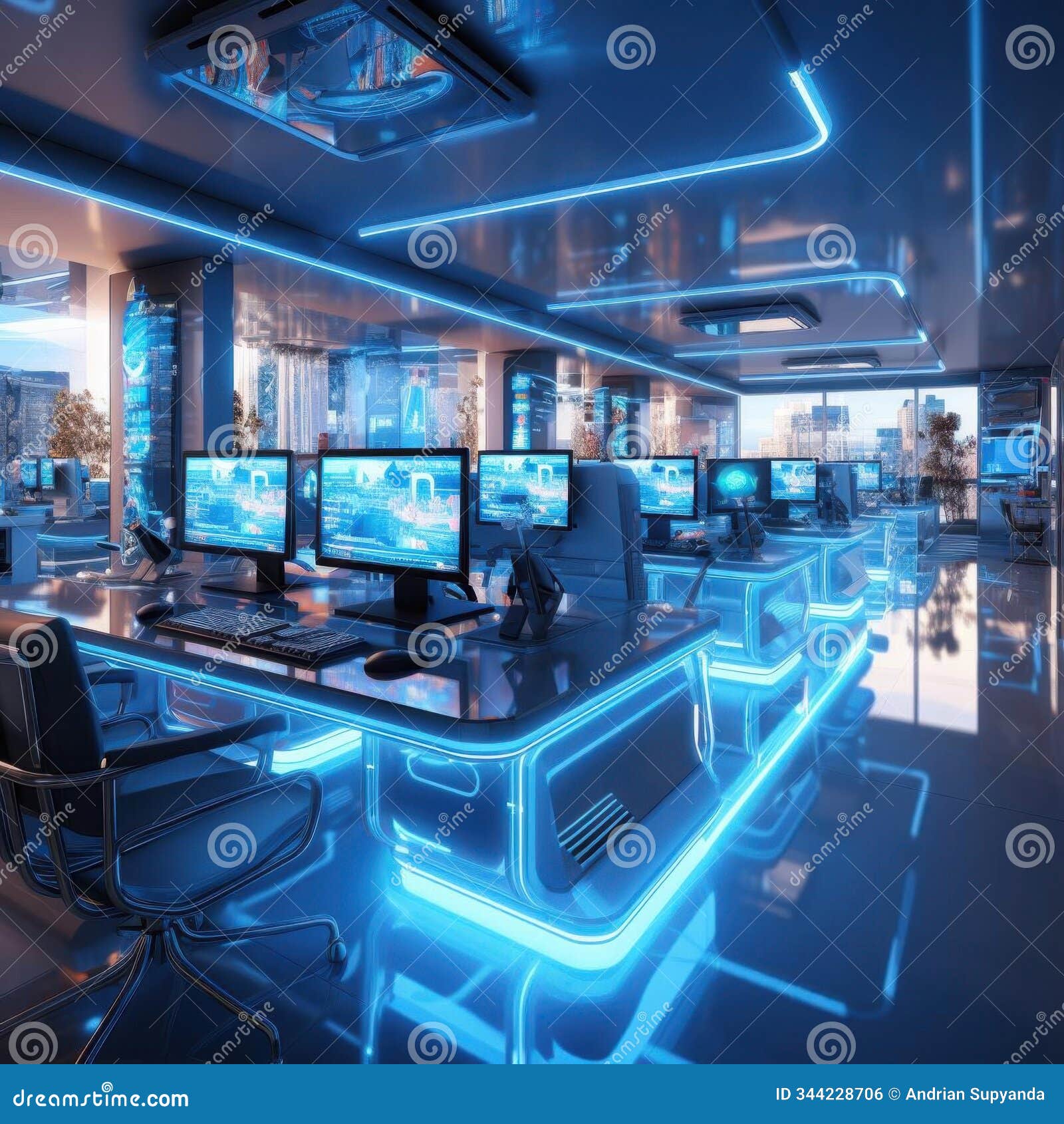 Futuristic Office Interior Design with Blue Neon Lights and Computer ...