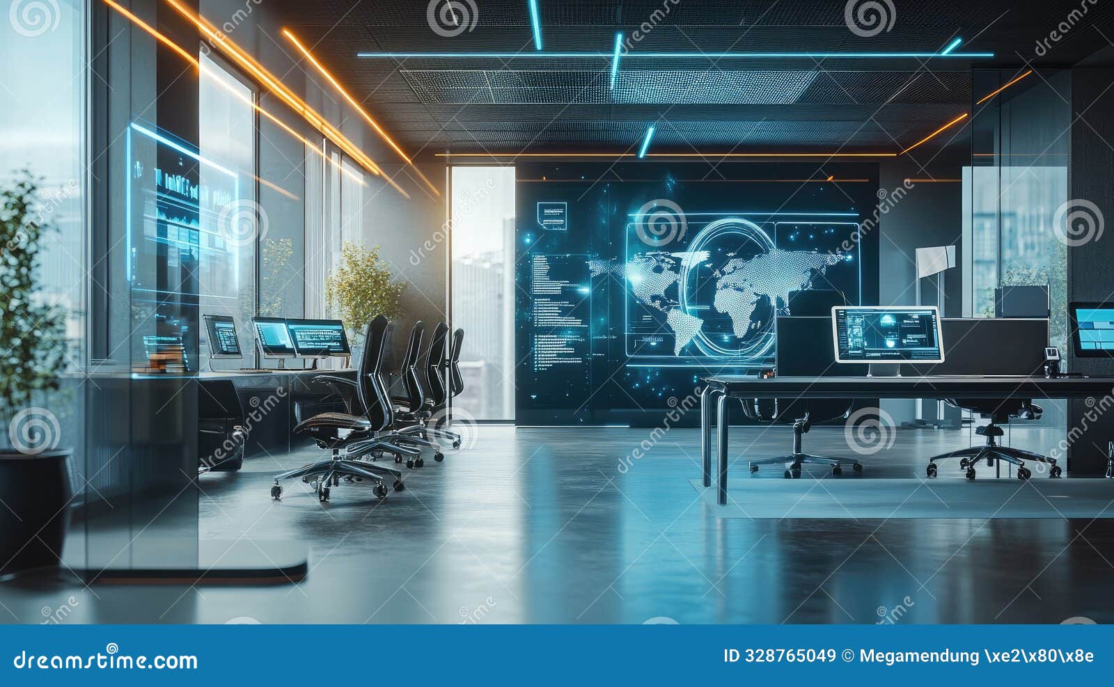 Futuristic Office Interior with Digital World Map Display Stock Image ...
