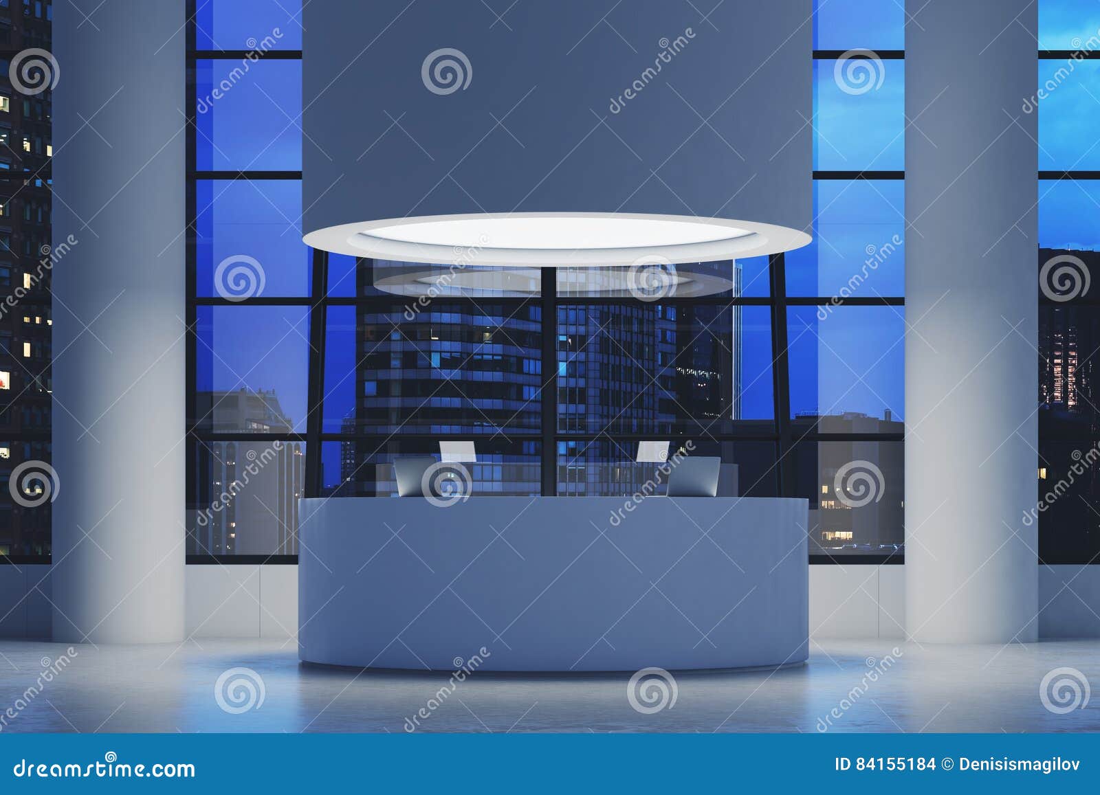 Futuristic Office Interior With A Round Room Equipped With Computers ...