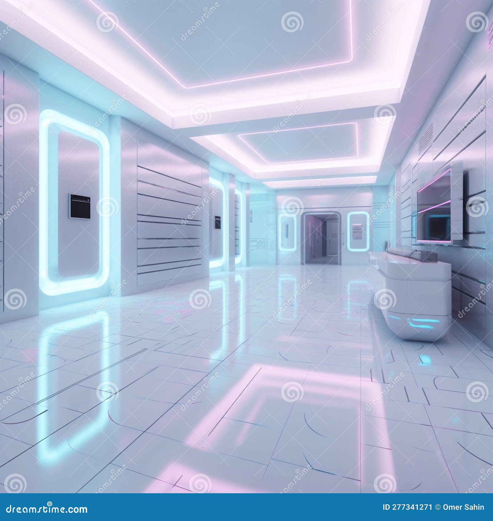 Futuristic Office Lobby with Silver Podium and Blue Background Stock ...