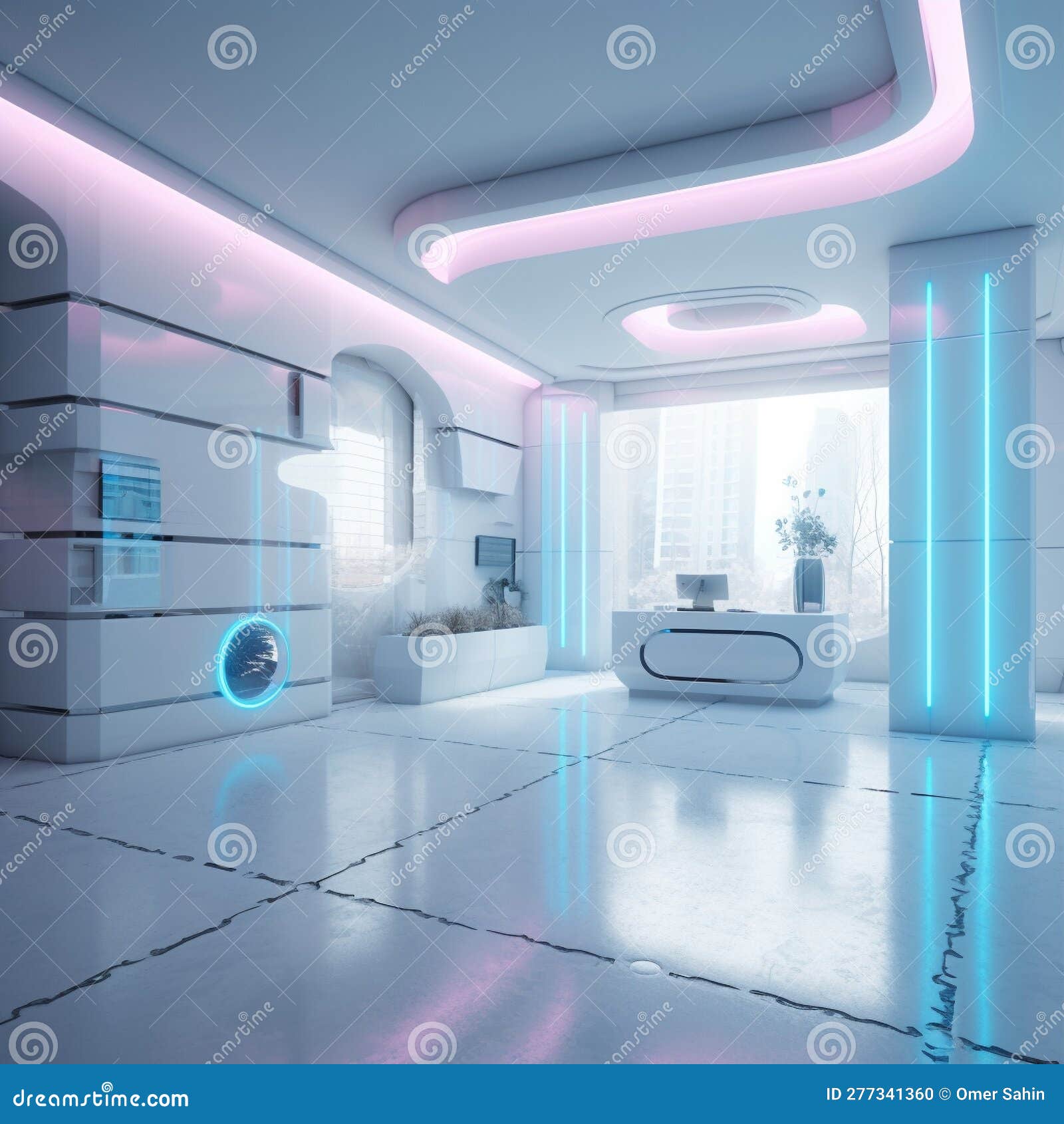 Futuristic Office Lobby with Silver Podium and Blue Background Stock ...