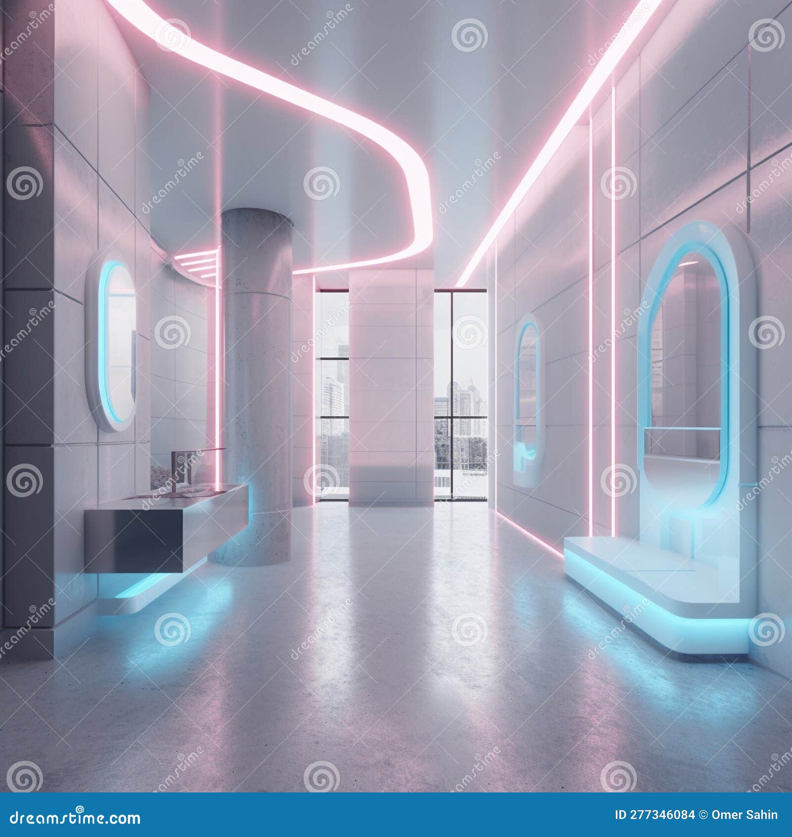 Futuristic Office Lobby with Silver Podium and Blue Background Stock ...