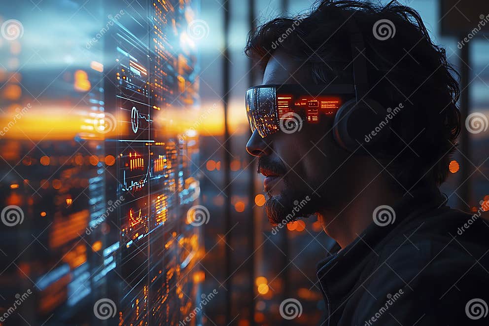 Futuristic Office Presentation with Smart Glasses Displaying Key Stats ...