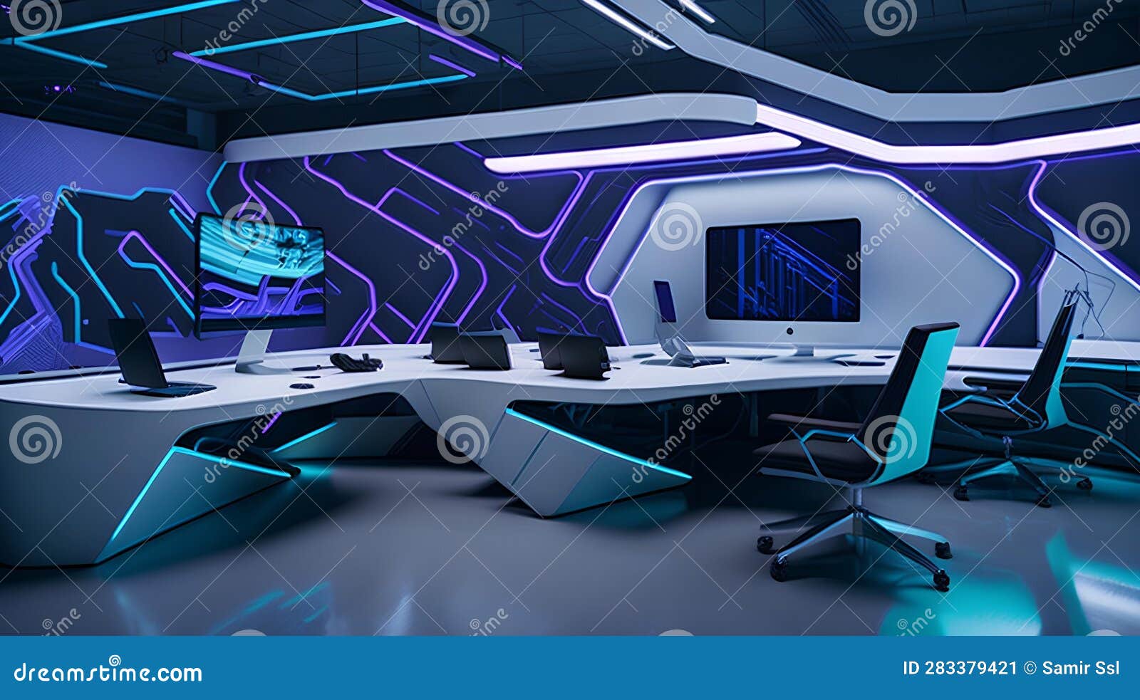 A Futuristic Office Set in a Bustling Metropolis, Featuring Sleek ...