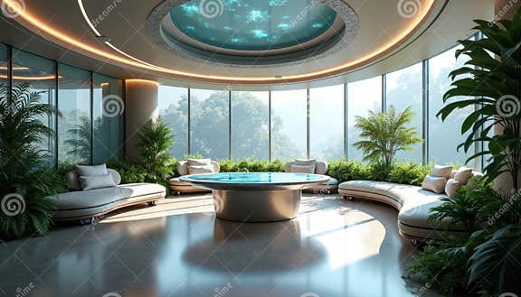 Futuristic Office Space Blends Tech with Nature. Interactive Touch ...