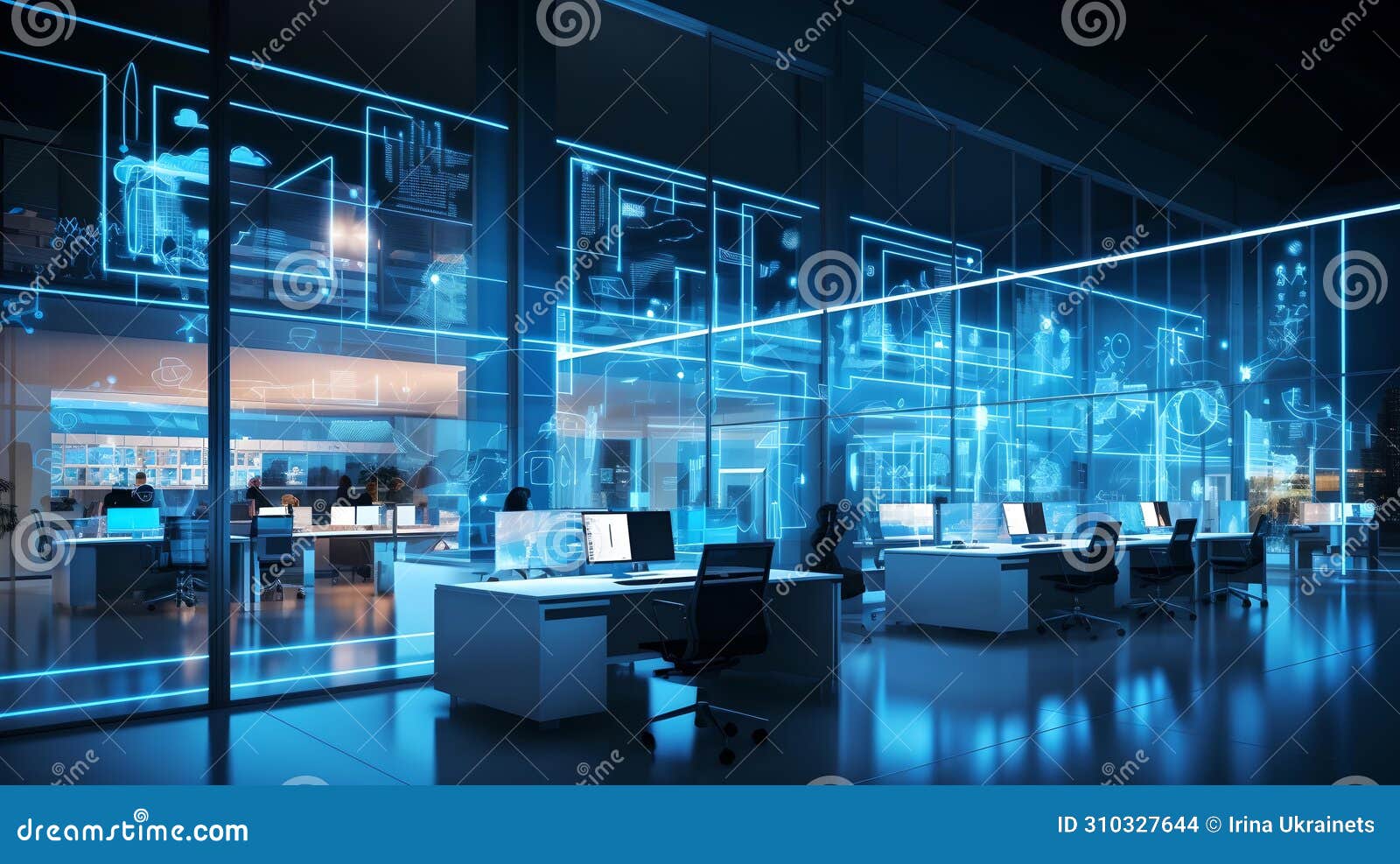 Futuristic Office Space with Glowing Blue Holographic Displays. High ...