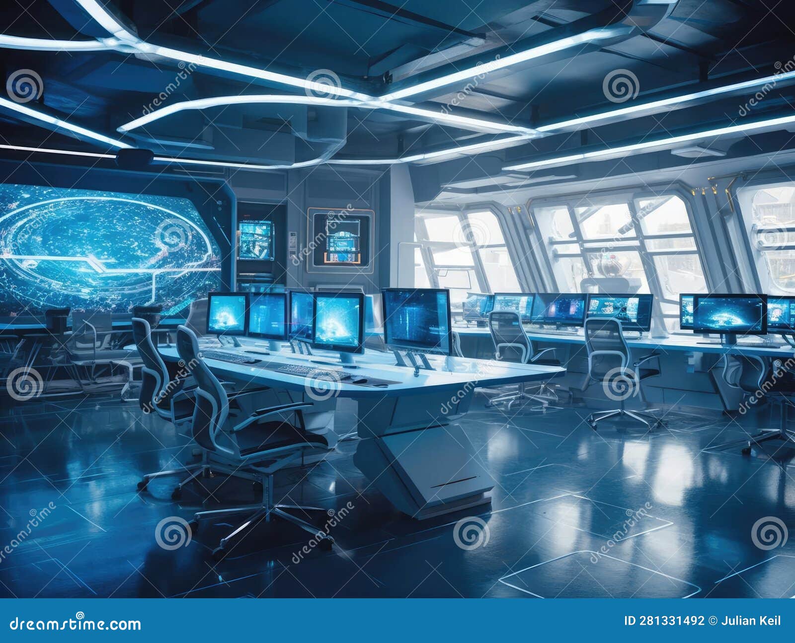 Futuristic Office Space with Holographic Displays Stock Illustration ...