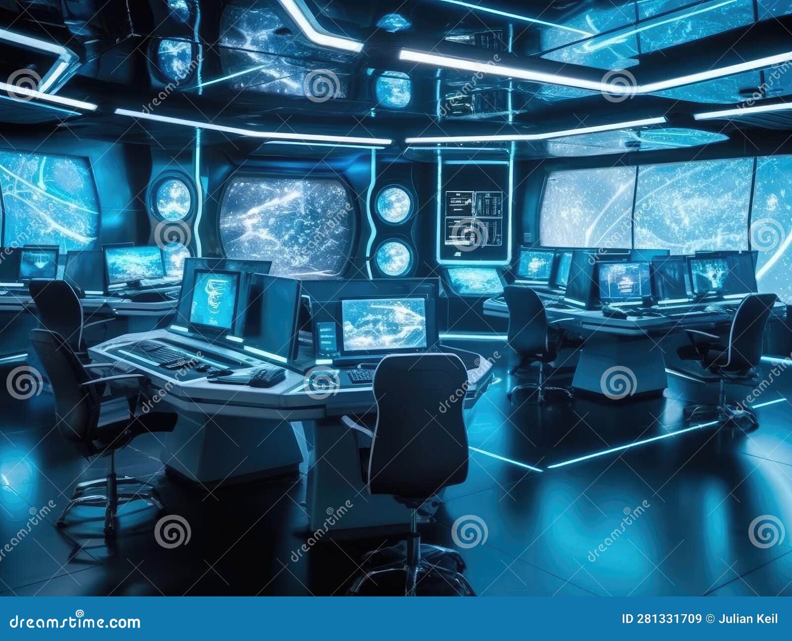 Futuristic Office Space with Holographic Displays Stock Illustration ...
