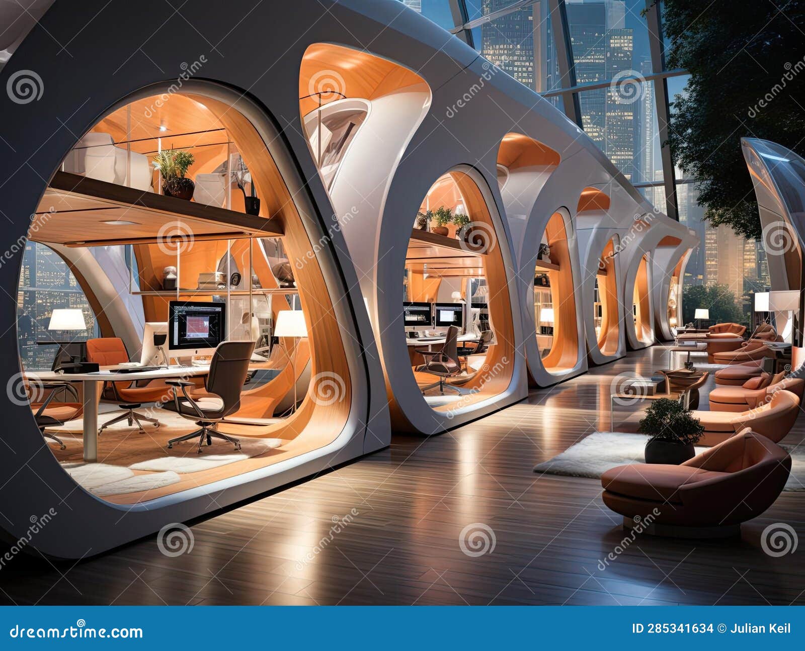 Futuristic Office Space with Privacy Pods Stock Illustration ...