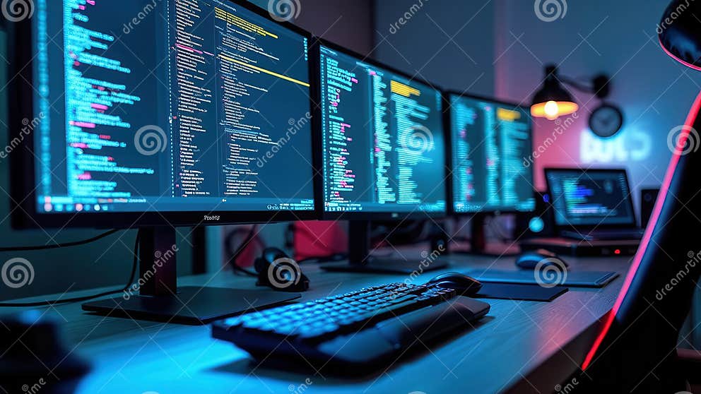 Futuristic Office Workspace with Multiple Monitors Displaying Programming Code. Stock Photo ...