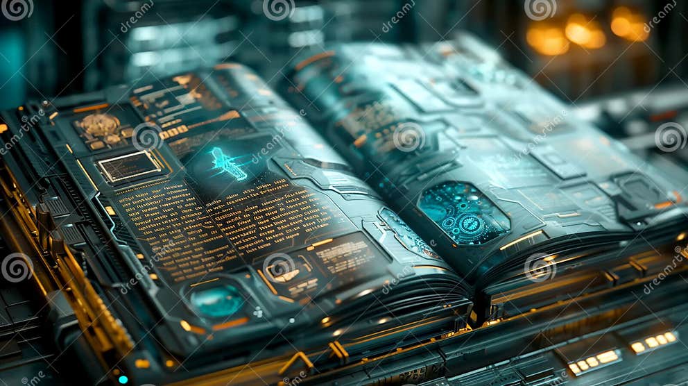 Futuristic Open Book with Glowing Blue Interface Displaying Text Stock ...