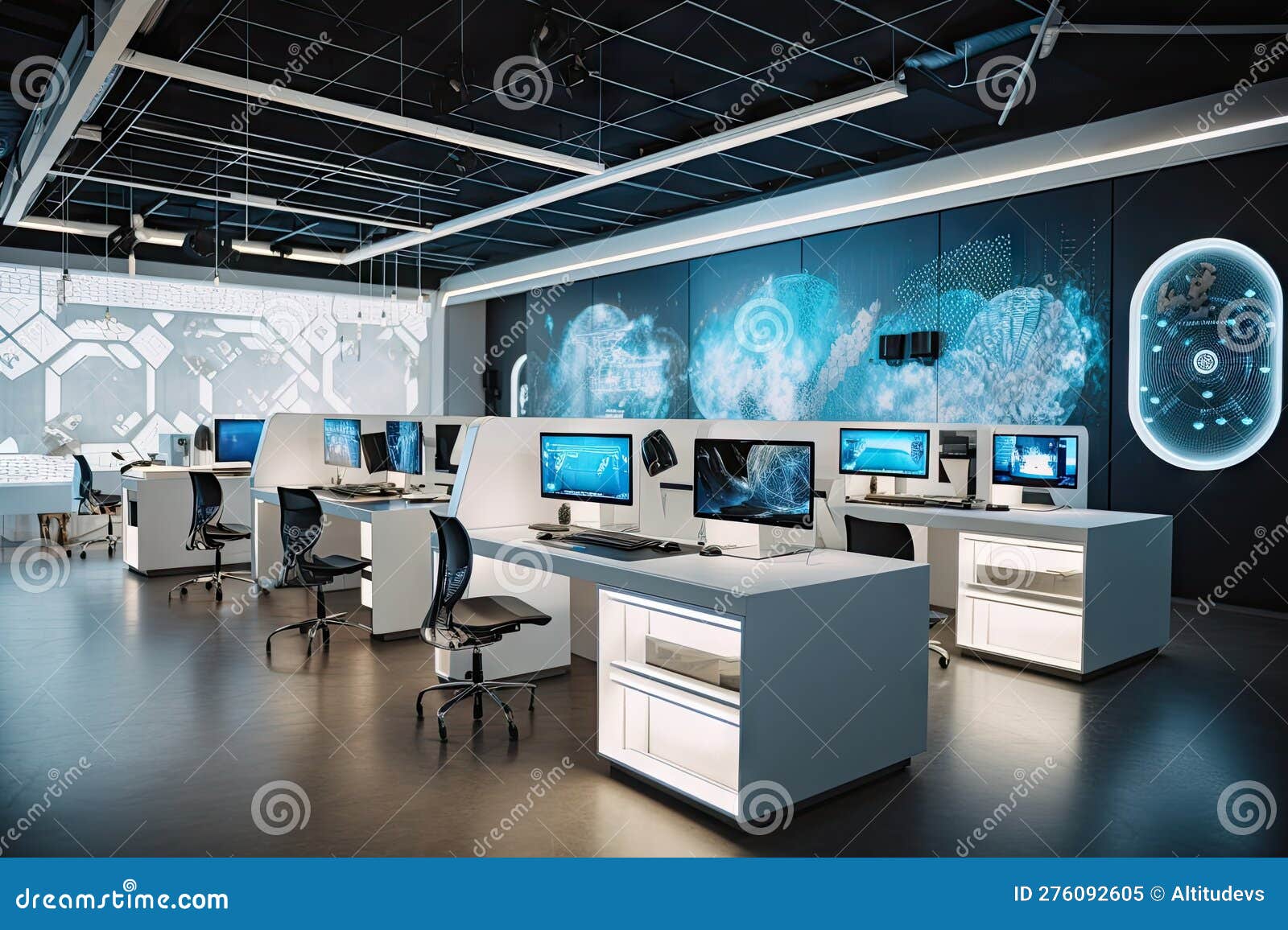 Futuristic Open Office Filled with Interactive Displays, Holographic ...