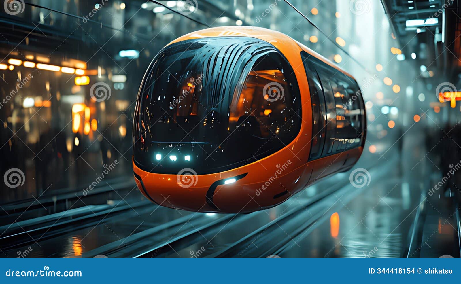 Futuristic Orange Pod-shaped Train on Elevated Tracks in a Modern City ...
