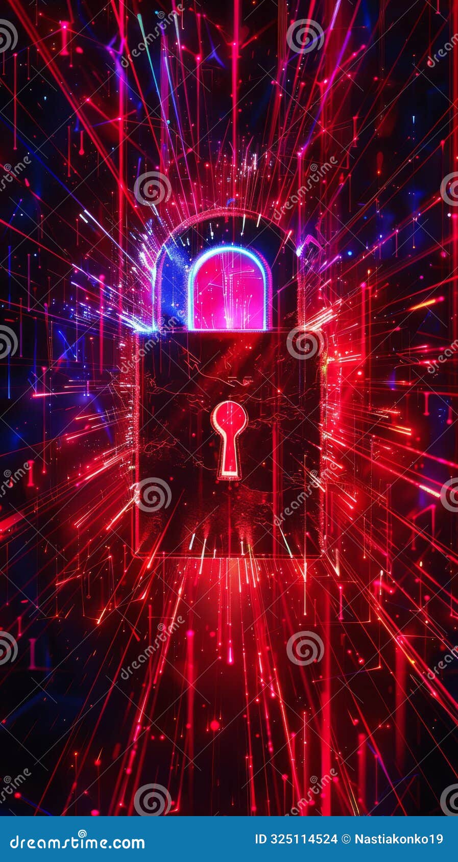 Futuristic Padlock with Glowing Red and Blue Light Rays, Digital ...