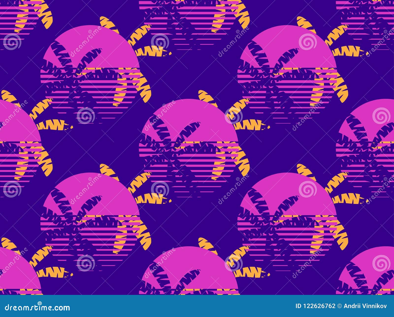 Futuristic Palm Tree And Sun Seamless Pattern. Synthwave Retro ...