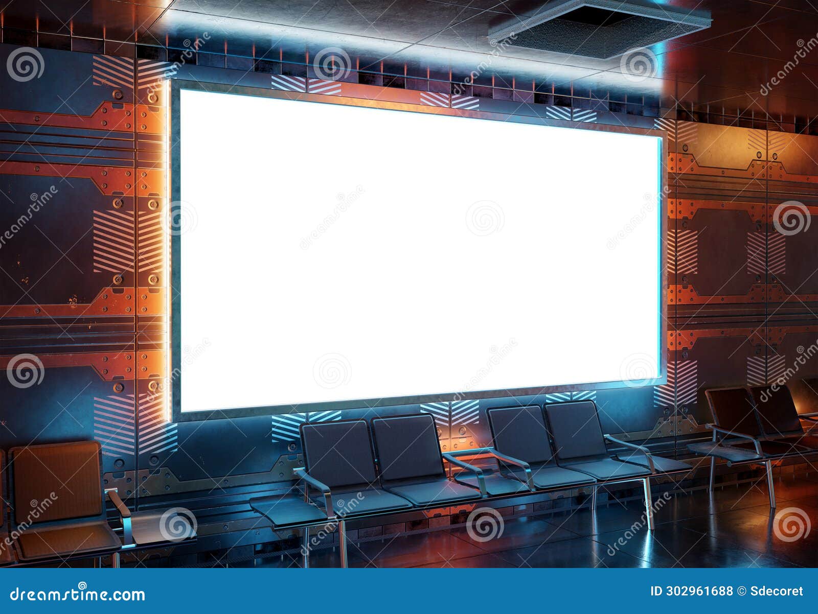 Panoramic Billboard Hanging On A Sunlit Wall Mockup. Template Of A Pano ...