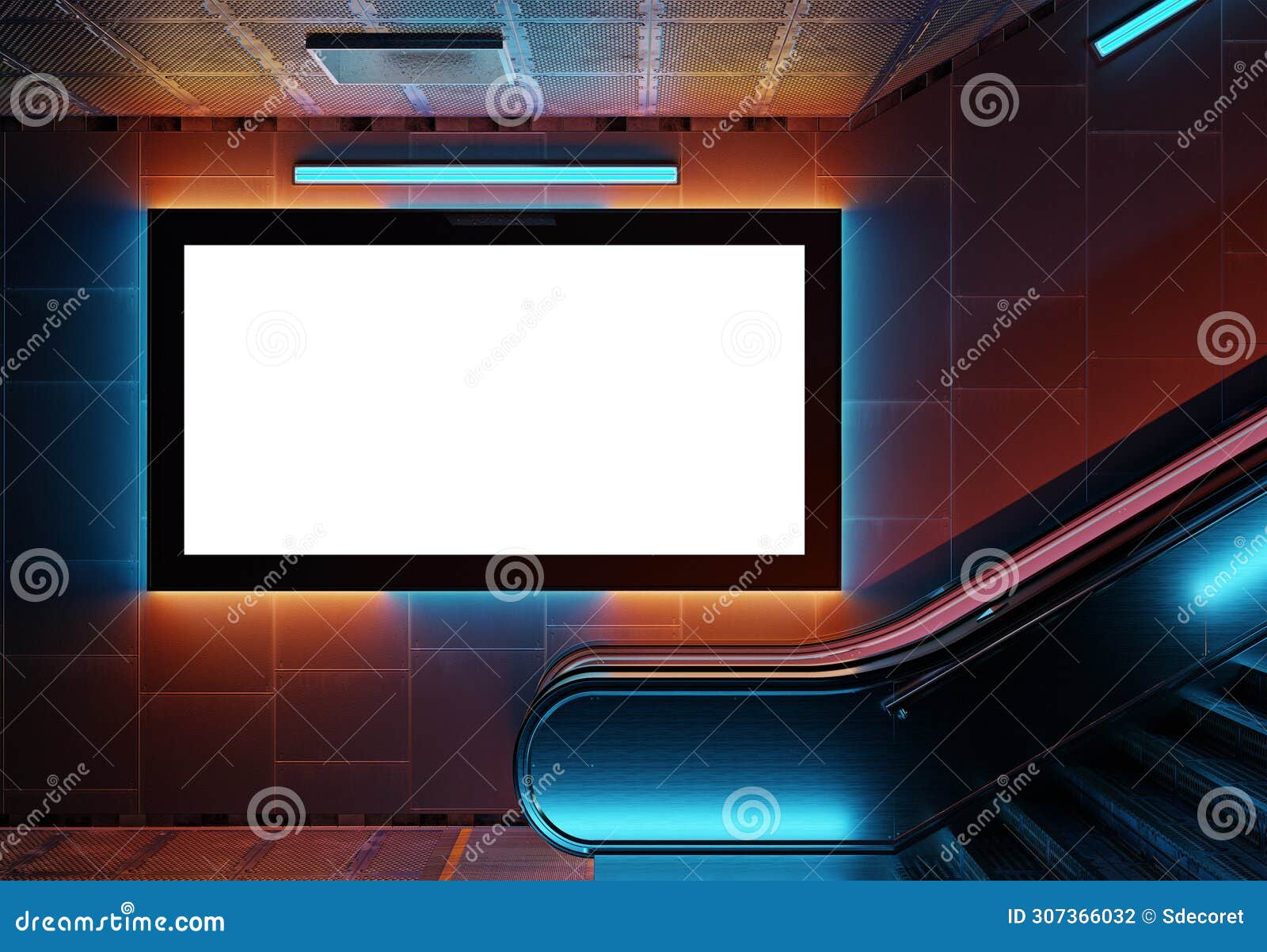 Futuristic Panoramic Billboard Mockup. Cyberpunk Style Frame Interior ...