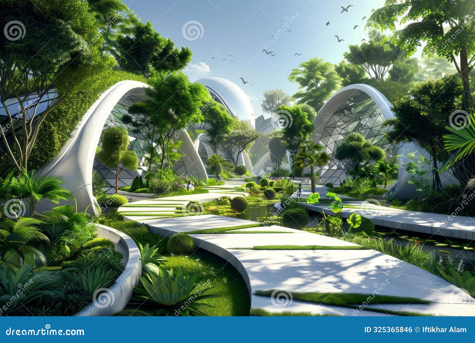 A Futuristic Park Features Sleek, Geometric Structures and Lush ...