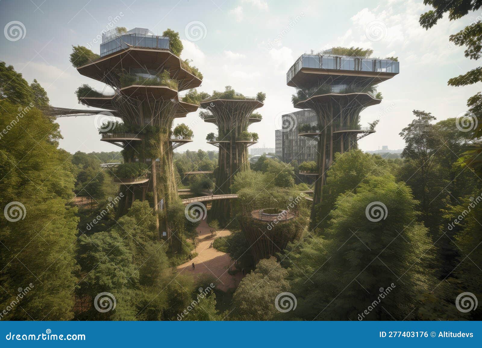 Futuristic Park, Filled with Towering Trees and Futuristic Structures ...