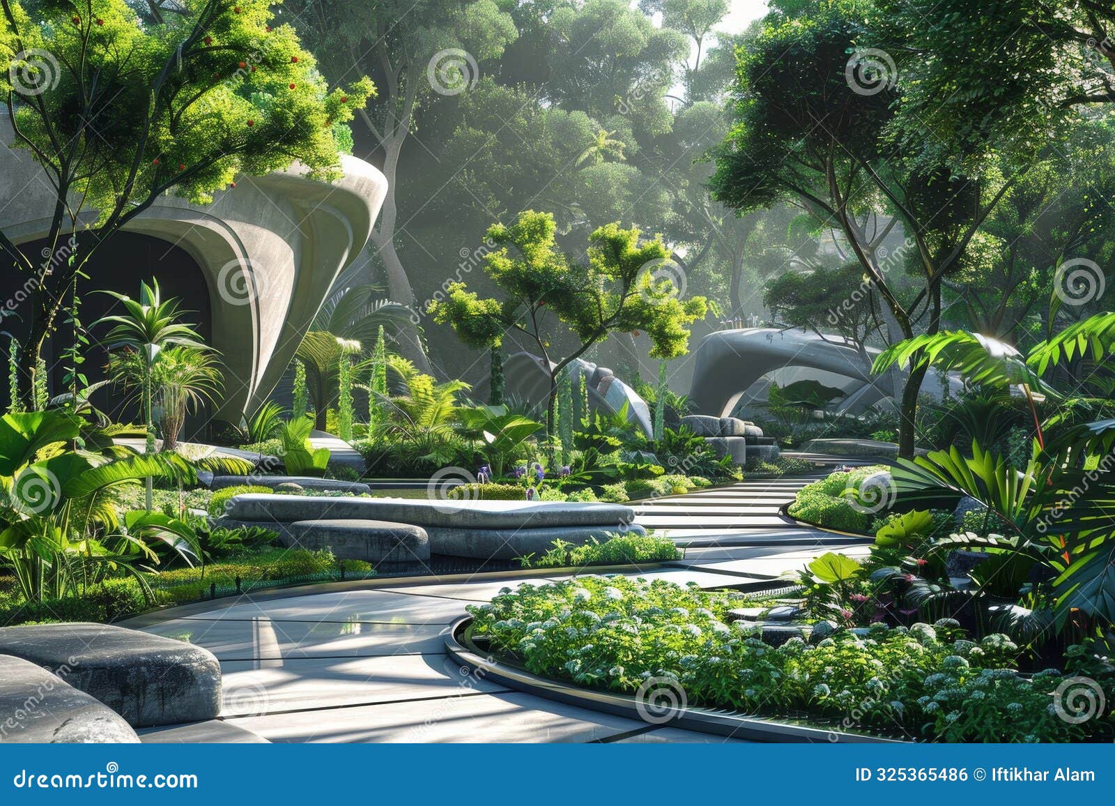 A Futuristic Park with Sleek Geometric Structures, Lush Greenery, and a ...
