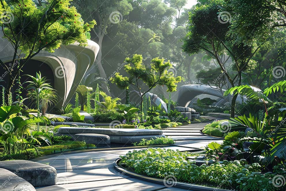 A Futuristic Park with Sleek Geometric Structures, Lush Greenery, and a ...